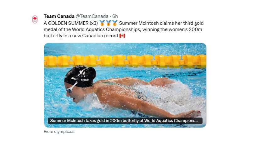 Summer McIntosh gets third gold medal at the World Swimming ...